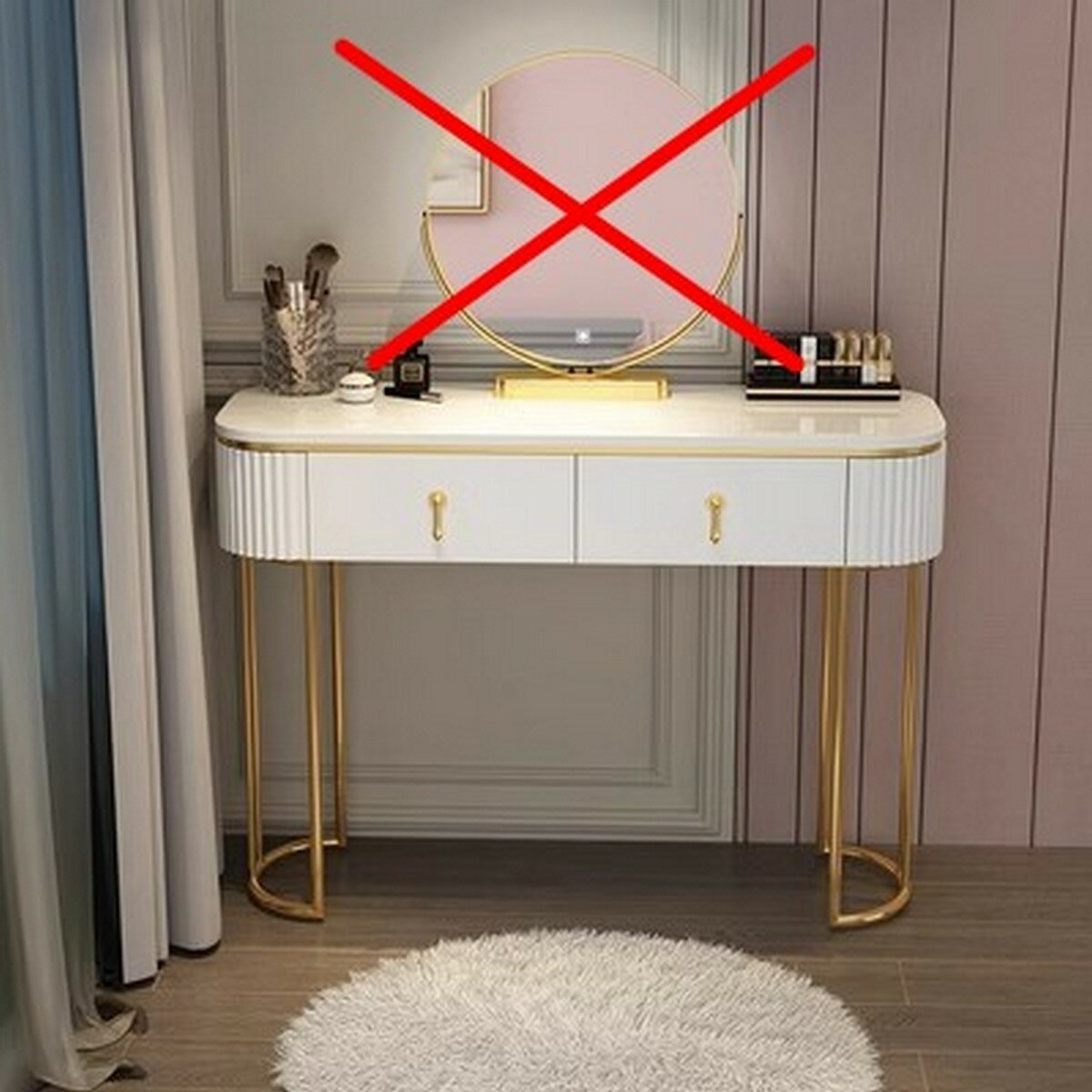 Туалетный столик из МДФ Marta, без тумбы, белый с золотом (120 см столик без зеркала без стула)