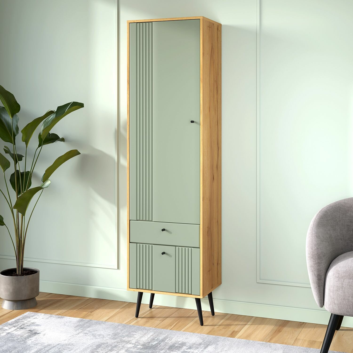 Шкаф-пенал Кураж "Дуб золотой Крафт", ЛДСП/МДФ, 2 двери, с доводчиками