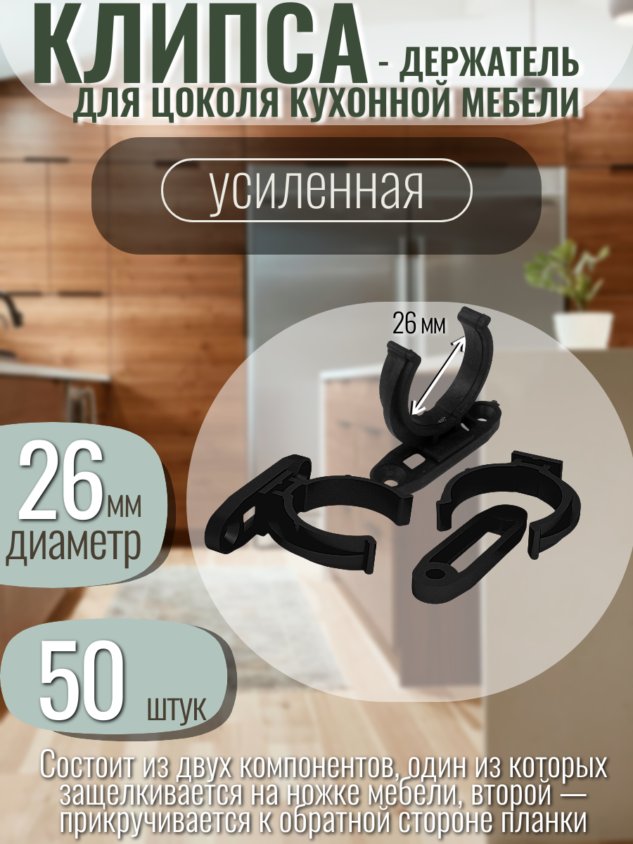 Клипса+планка для кухонных ножек / Комплект крепежа к ножкам / Клипса и держатель кухонной мебели, ножек / Держатель цоколя (50 штук черным цветом)