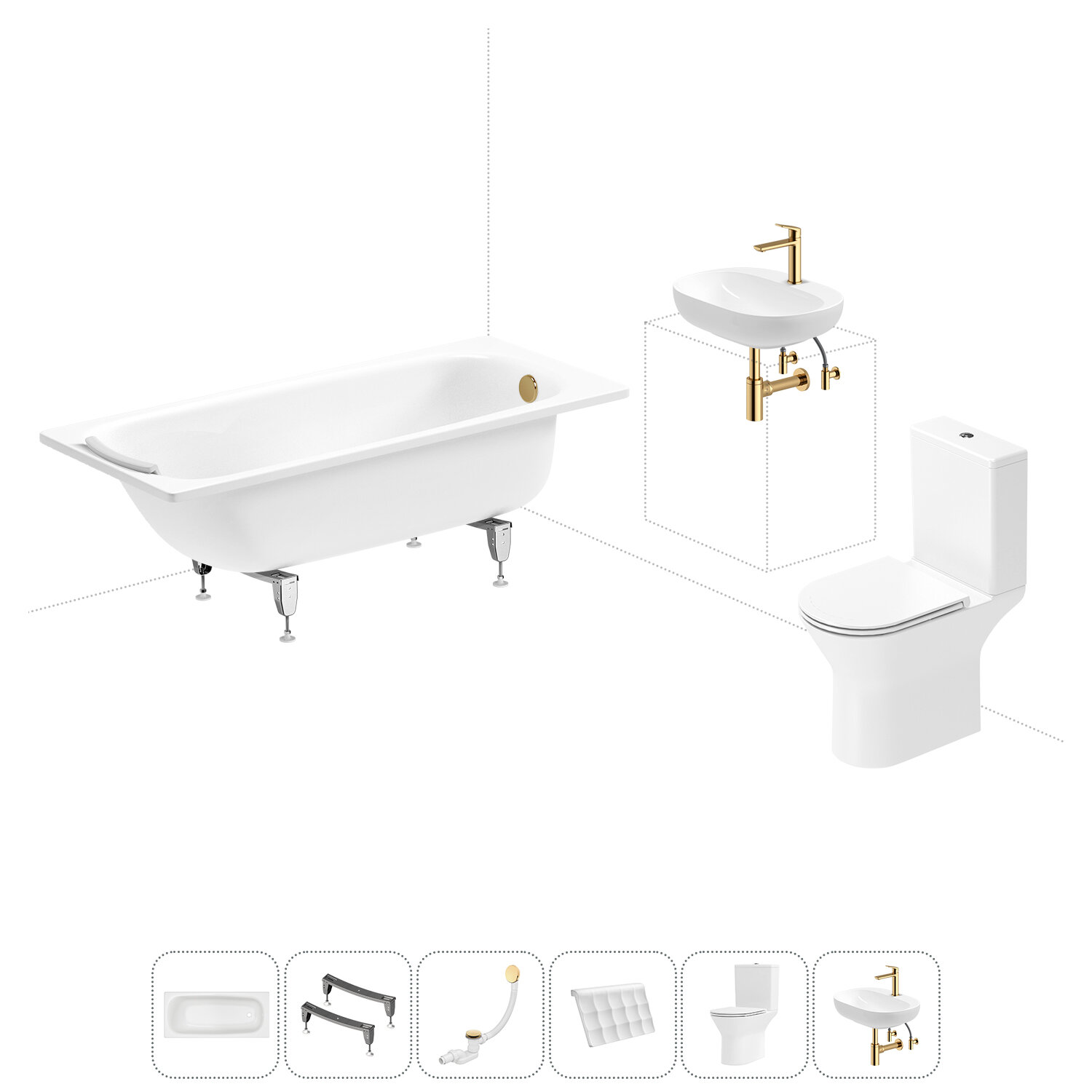 Стальная ванна 160х70 Sanitana BLB Universal 20220716R в наборе 6 в 1: металлическая ванна 160 х 70 см с шумоизоляцией, ножки, слив-перелив, подголовник, унитаз, раковина с комплектом для подключения