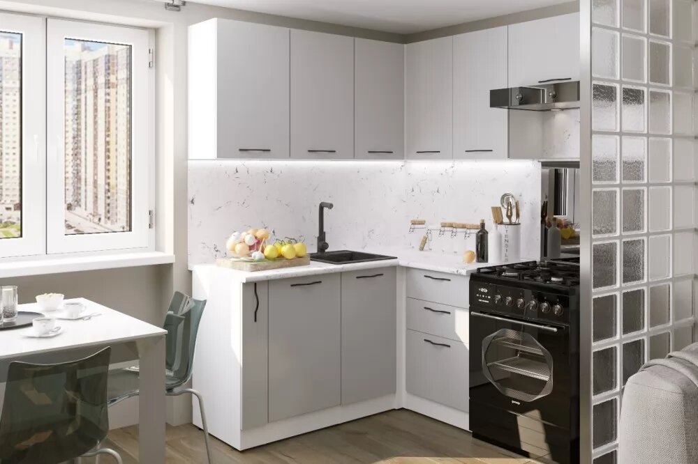 Кухонный гарнитур Герда Шелли мега прайм 1600х1700 мм, каркас ЛДСП, фасад ЛДСП, Белый/Шиншилла серая/Шиншилла серая