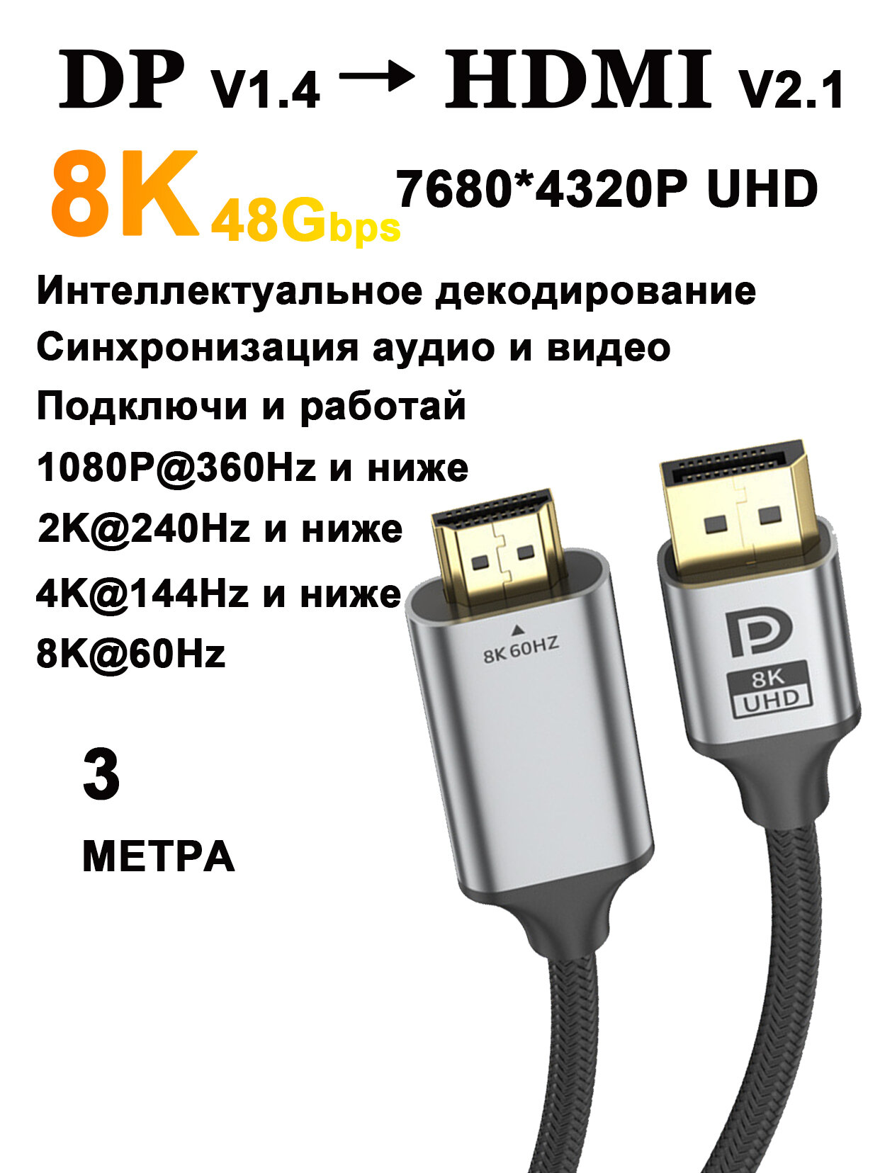 Нейлоновый кабель DisplayPort DP V1.4 HDMI V2.1 в оплетке, HD, 8K 60 Гц, 4K 144 Гц, 2K 240 Гц, 1080P, синхронизированные аудио и видео, 7680 x 4320p