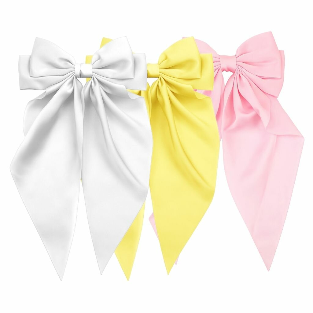 3 больших банта из серпантина - ярко-желтый, ярко-розовый и чисто-белый