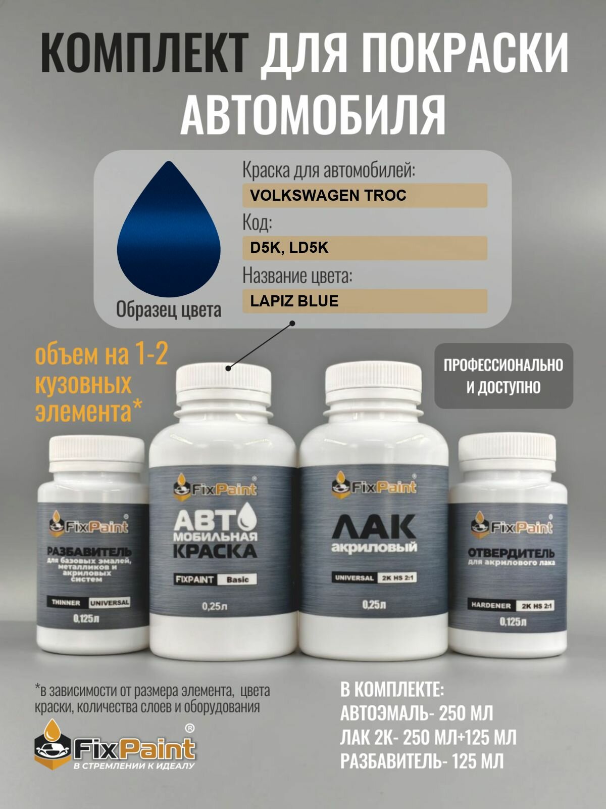 Комплект для покраски VOLKSWAGEN TROC, код D5K, LD5K, LAPIZ BLUE, базовая автомобильная эмаль 250 мл, лак 2K 250 мл с отвердителем, разбавитель 125 мл, FixPaint Pro
