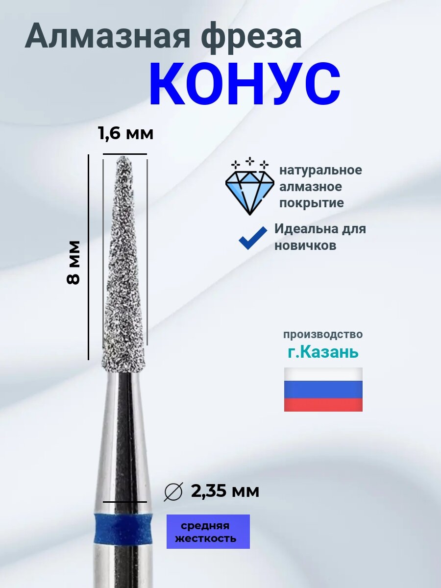 Фреза алмазная Конус (синяя) 1шт, 1,6мм*8мм, для маникюра и педикюра