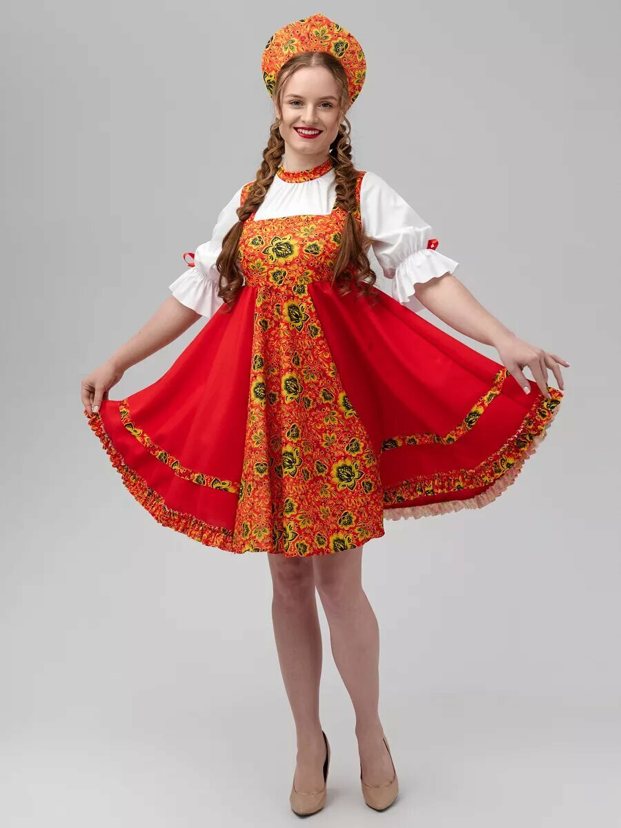 Русский народный костюм женский с кокошником Хохлома, красный, L/XL (48-50)