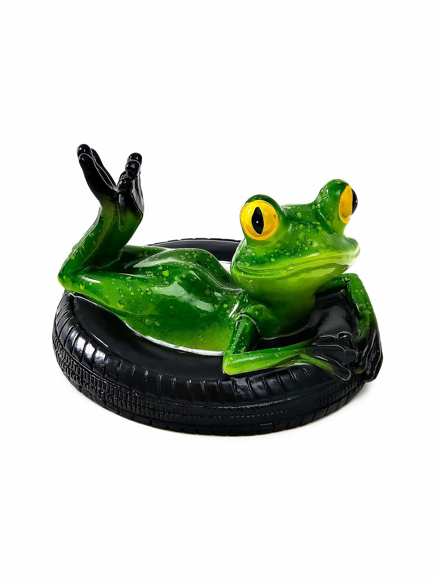 Садовая фигура из полистоуна "Лягушка на шине", 14x13x9.5 см, плавающая