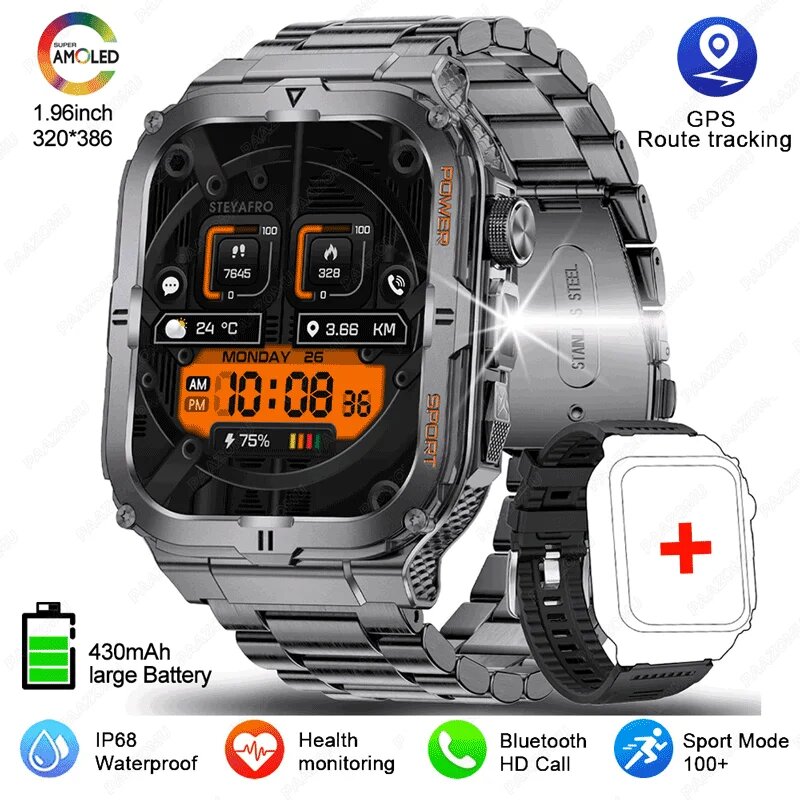 New Outdoor Sport 430 Mah Large Battery Smart Watches With LED Flashlight IP68 Waterproof BT Call Health Monitor Men Smartwatch