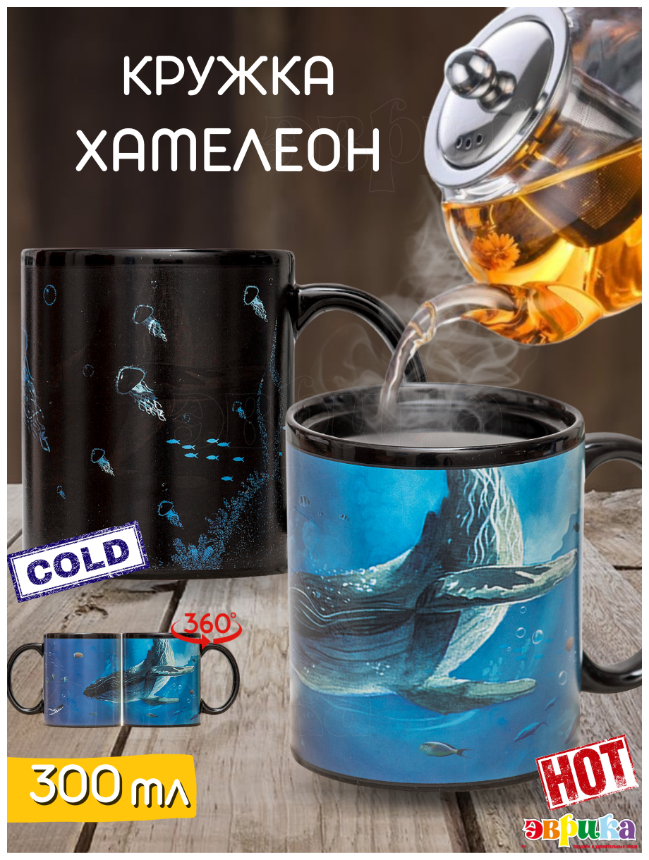 Кружка хамелеон Океан 300 мл, черная, чашка для чая и кофе, меняет цвет / рисунок, мужская, подарочная на 23 февраля