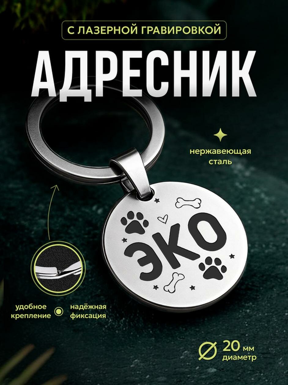 Адресник для собаки и кошки с гравировкой, нерж. сталь, серебристый, Эко