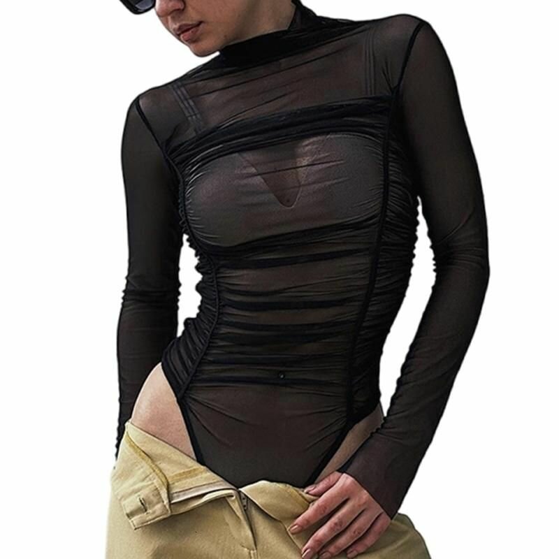 Женский обтягивающий боди из прозрачной сетки с длинными рукавами, Черный - L