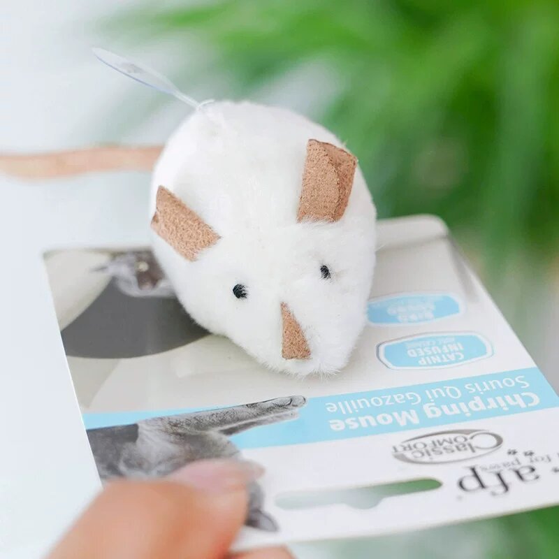 Звуковая мышь-игрушка для кошек с белым пером для взаимодействия - прочная игрушка для кошек