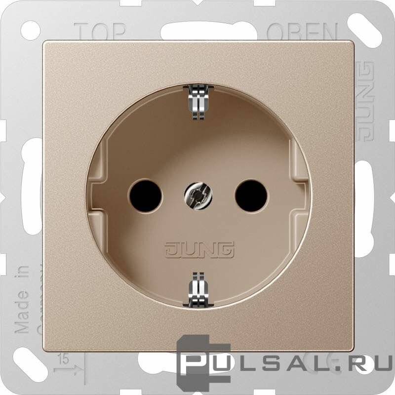 Розетка Jung с заземляющим контактом одинарная встроенный монтаж без шторок пластмасса шампань