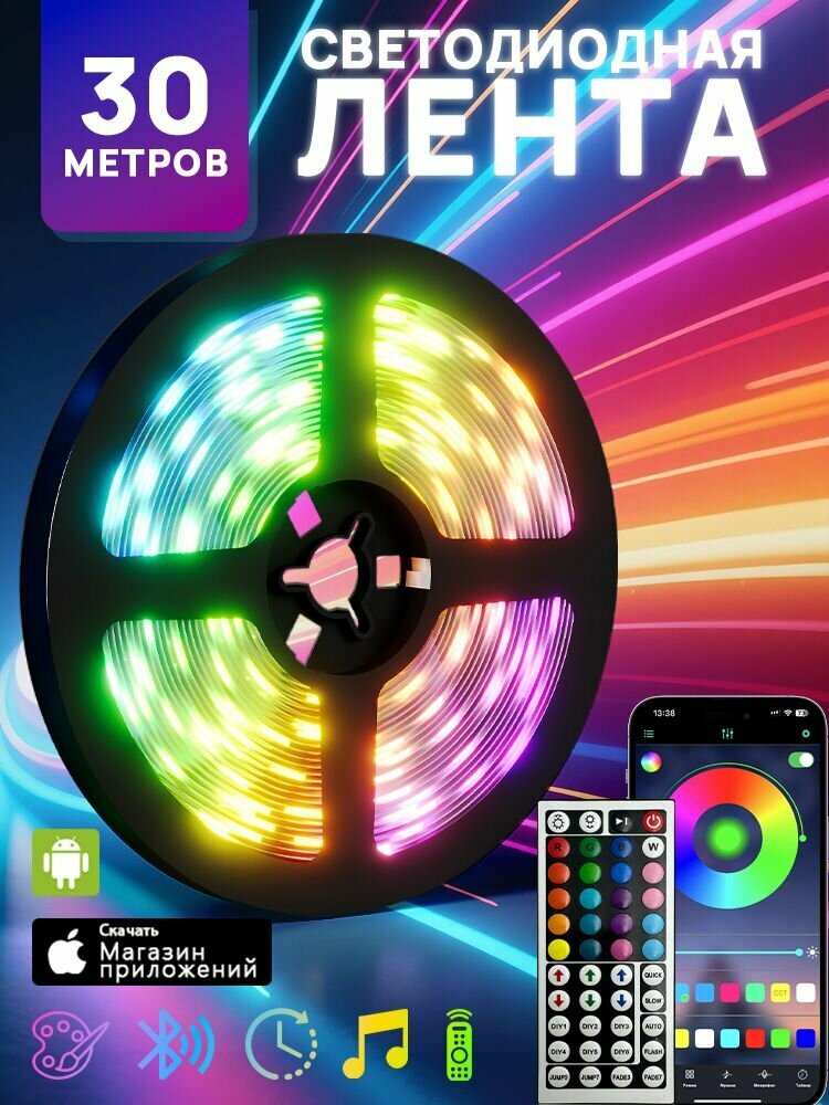 Светодиодная лента 5050 RGB 12V с Bluetooth-кнопкой IP20 30м-цветная, пыленепроницаемая, с управлением