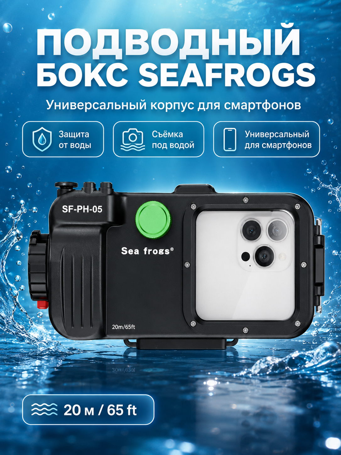 Универсальный подводный бокс Seafrogs для смартфонов защита от воды при съемке