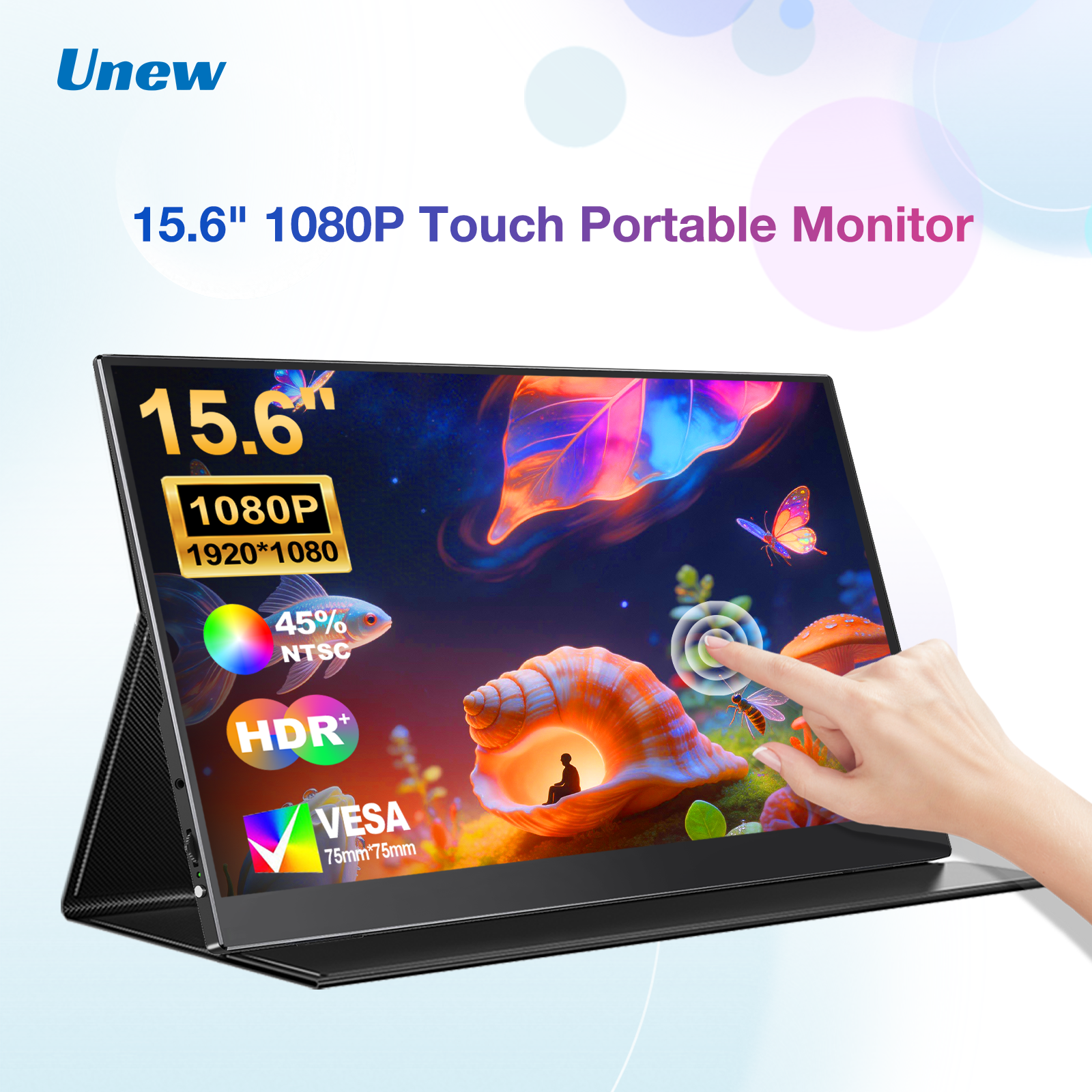 Портативный монитор UNEW 15.6", Full HD IPS, сенсорный, встроенные колонки, черный