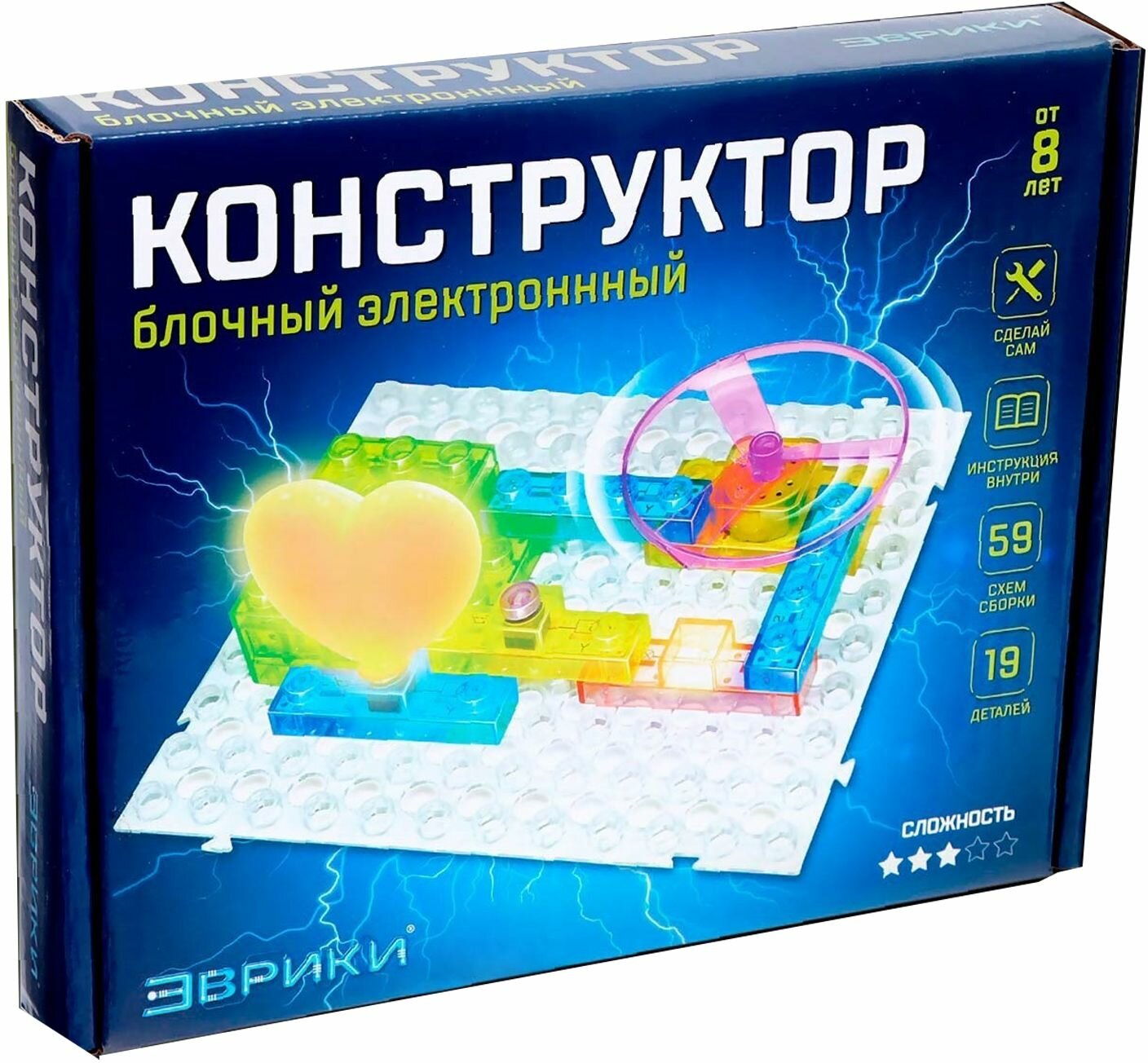 Конструктор блочный-электронный "В мире электроники" для детей, набор детский со схемами сборки, работает от батареек, юный инженер, собери сам, 59 схем + 19 деталей