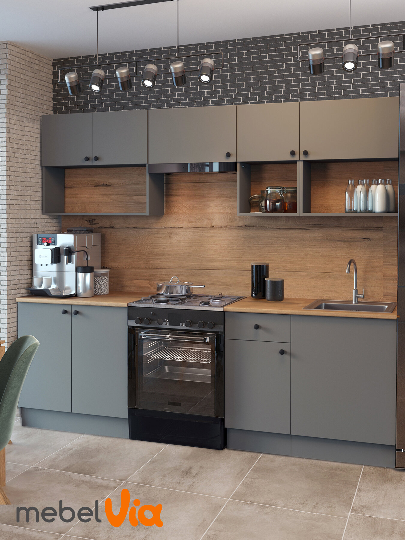 Кухонный гарнитур Бэлла 2,4 м, со столешницей, ЛДСП, серый, MebelVia