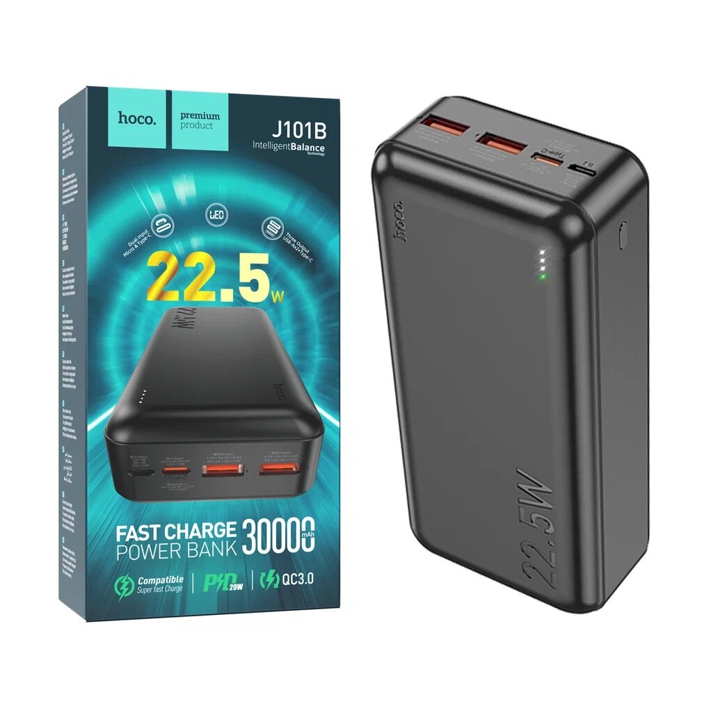Внешний аккумулятор Hoco J101B 30000 mAh 22.5W, 2*USB/MicroUSB/Type-C, QC3.0/PD20, черный