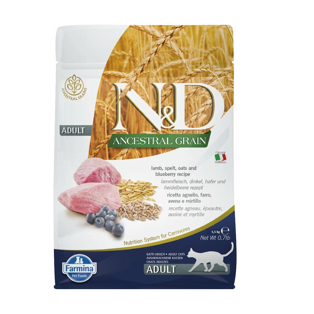 Сухой корм FARMINA ND ANCESTRAL GRAIN CAT Lamb Blueberry Adult для взрослых кошек с ягнёнком 1,5кг
