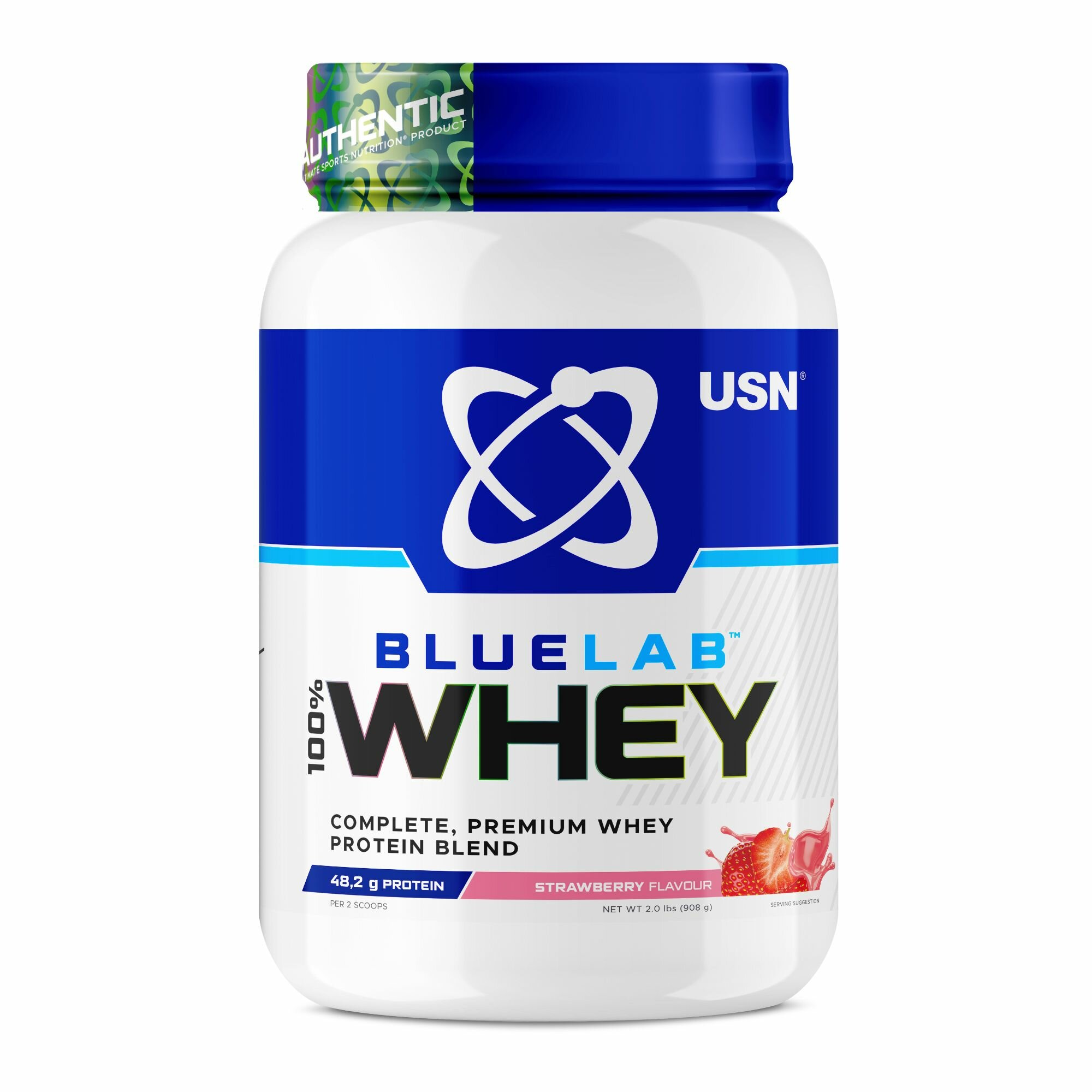 Сывороточный протеин 100% WHEY BLUE LAB Strawberry блюлаб 100% ВЕЙ премиум протеин со вкусом клубника порошок 908 гр