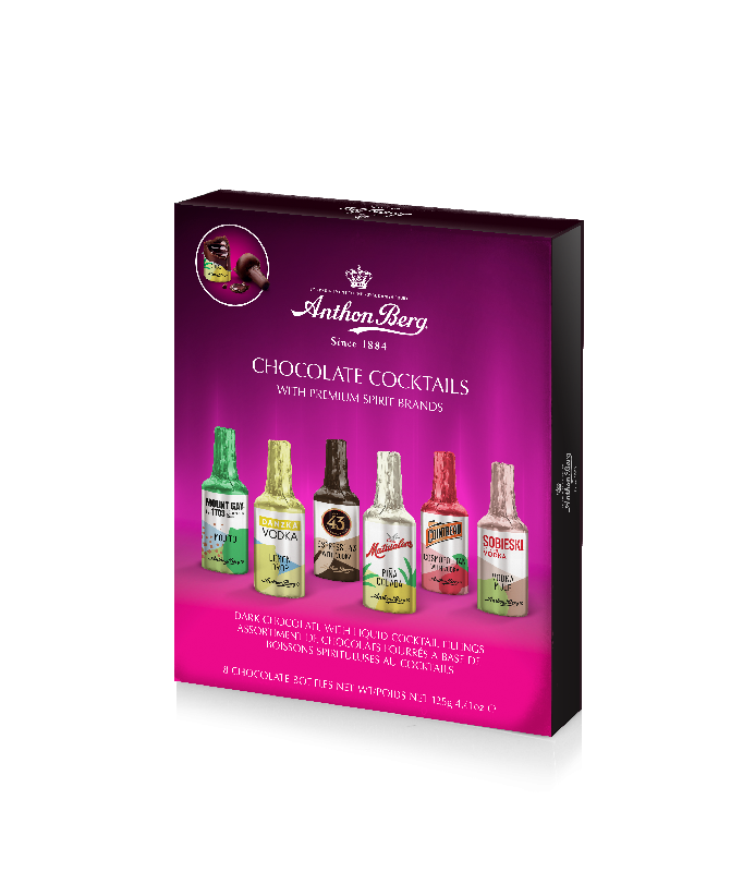 Конфеты ANTHON BERG ассорти с алкогольныйми коктельными начинками Chocolate Cocktails, роз. плоская кор /картон/ 125г