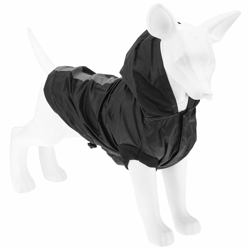Плащ для собаки Pet Toys Капюшон, липучка, светоотражающая полоска, XL, длина 34 см, обхват груди 52 см, шеи 38 см, черный