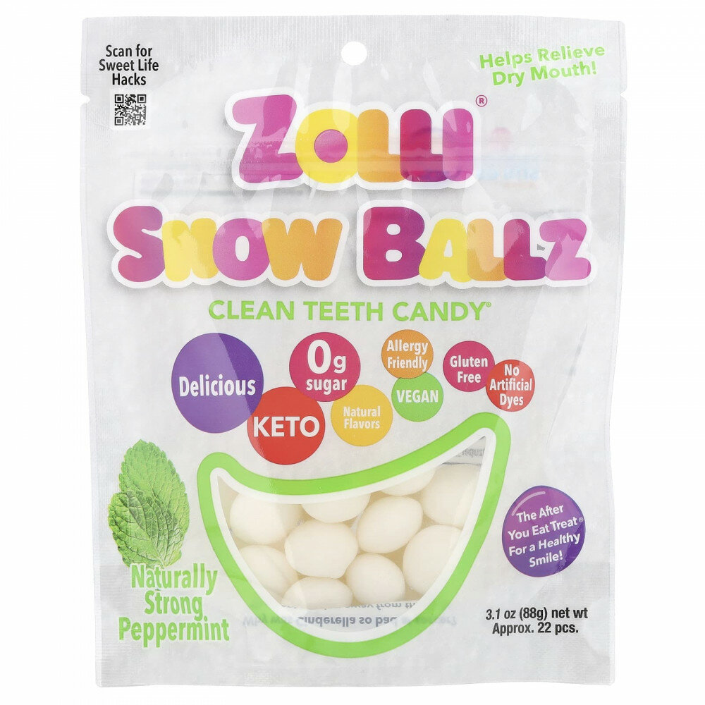 Zollipops, Zolli® Snow Ballz, натуральная крепкая мята, прибл. 22 шт, 88 г (3,1 унции)