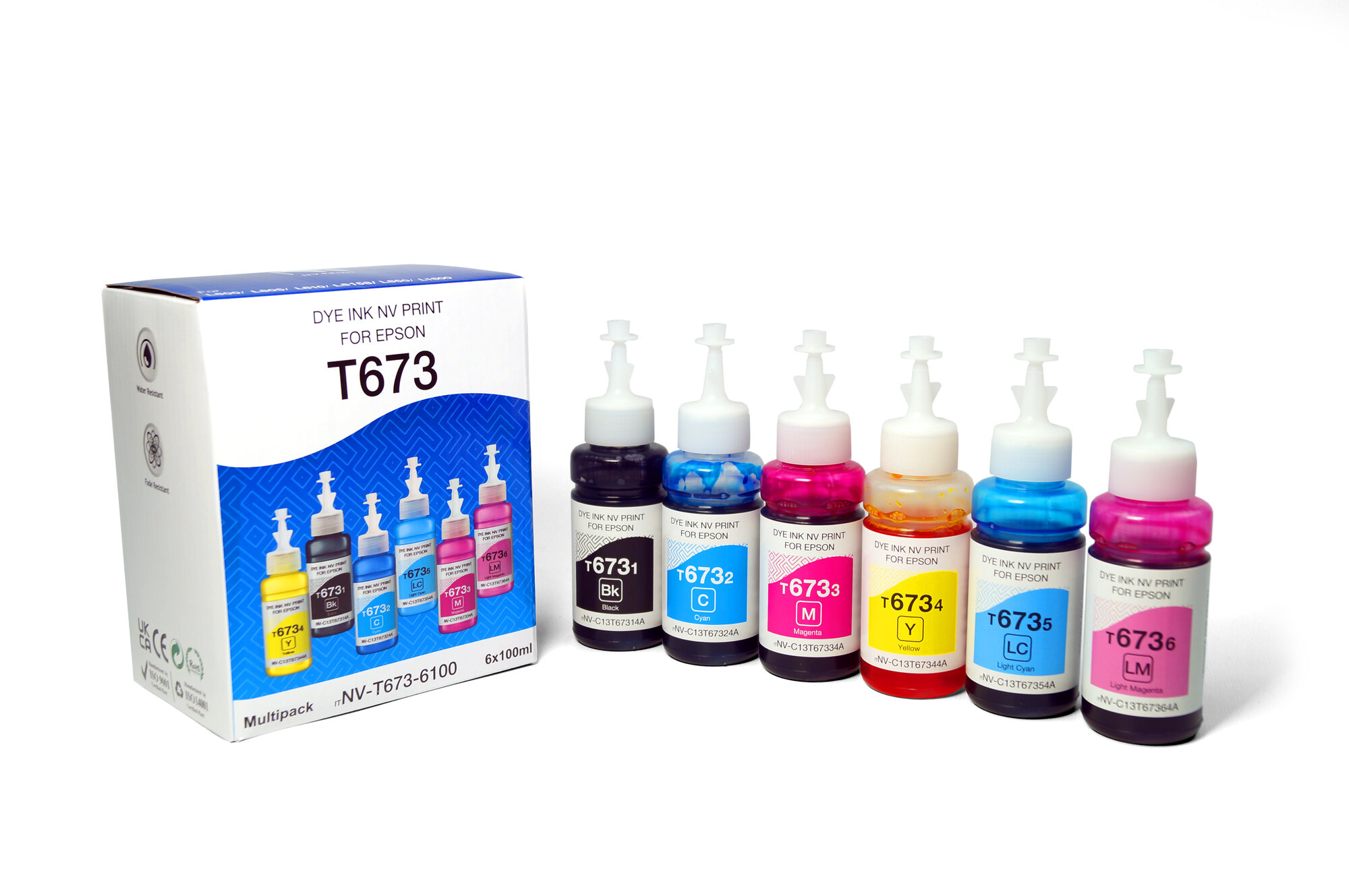 Чернила T673 для принтеров Epson L800, L805, L810, L8158, L850, L1800, комплект 6 цветов по 100 мл совместимые