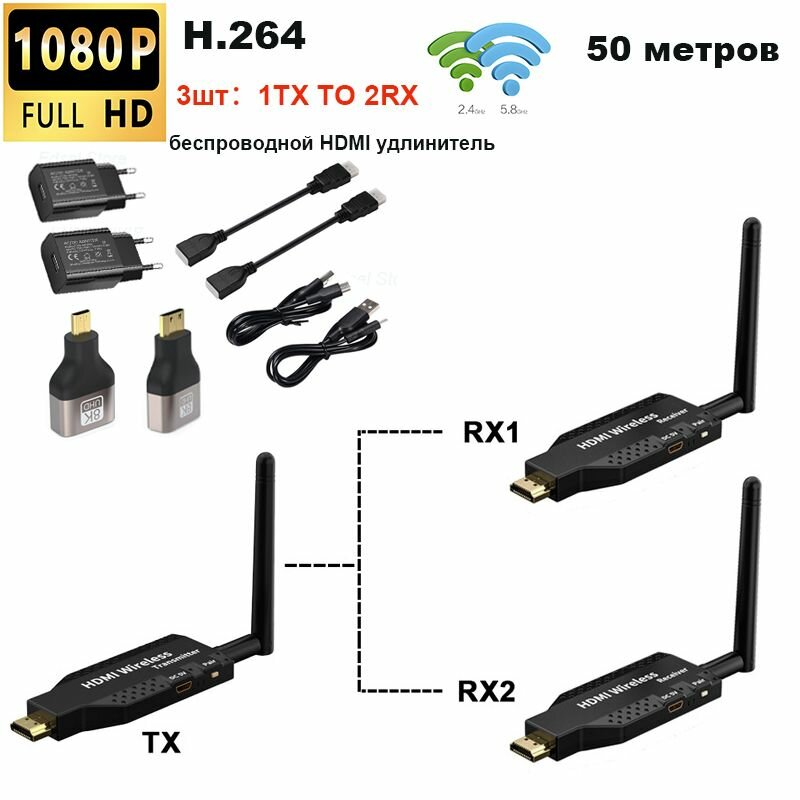 HDMI удлинитель беспроводной, беспроводной hdmi передатчик и приемник 2.4G/5.8G 1080P HD 50 метров.