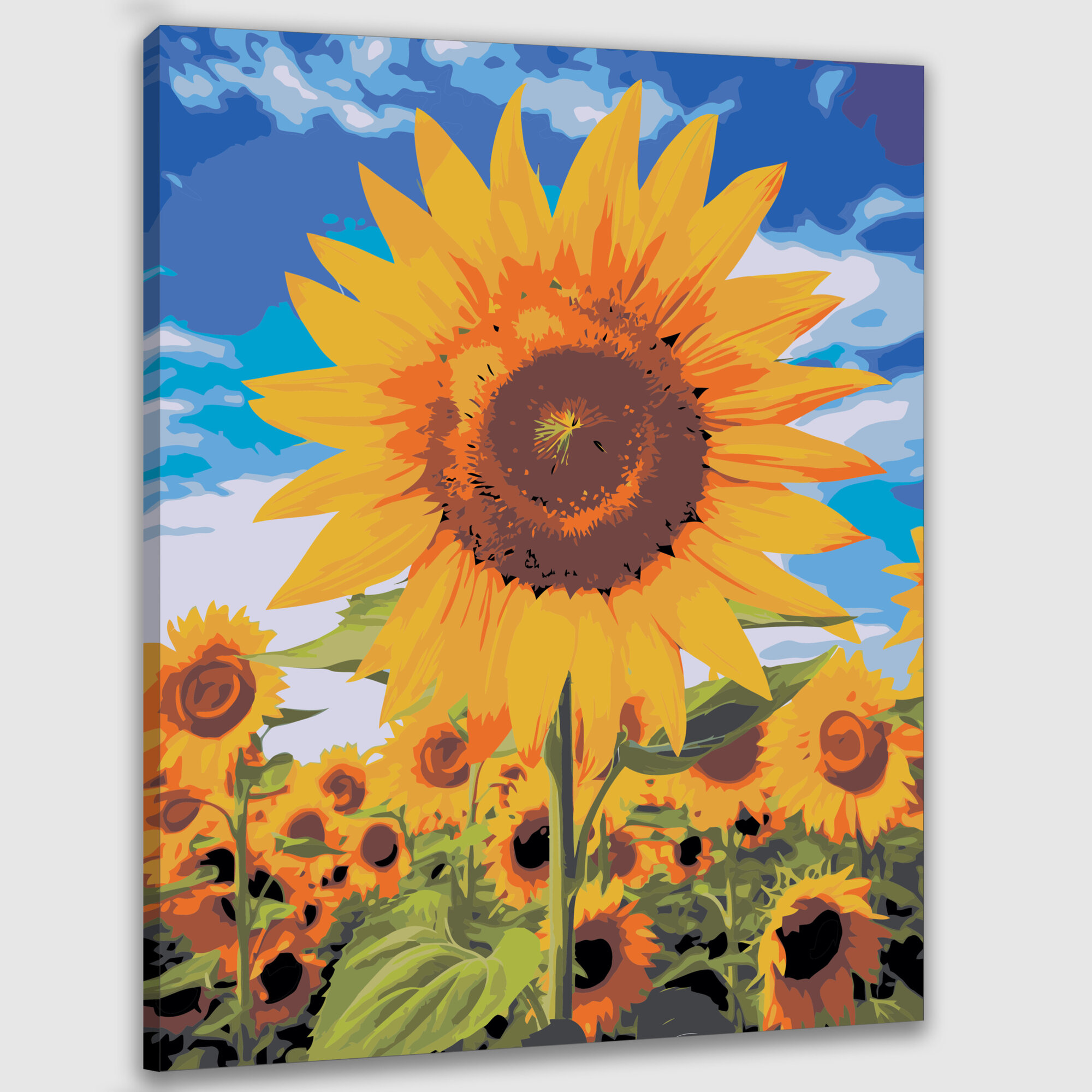 Картина по номерам 40x50 см, подсолнухи, солнце, поле, желтые лепестки, яркие краски, солнечные лучи, золотистое сияние