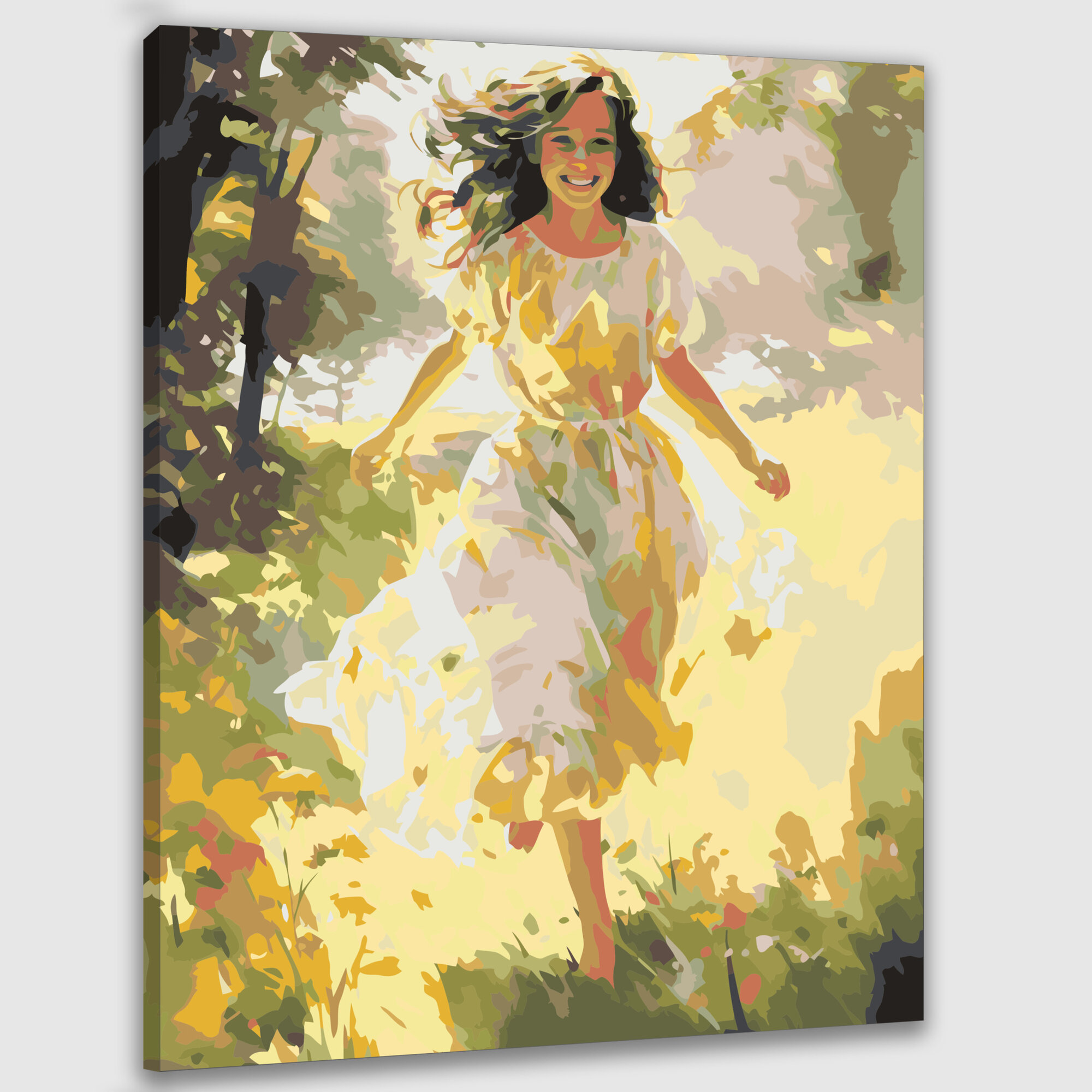 Картина по номерам 40x50 см, картина, акварель, иллюстрация, девушка, летнее платье, улыбка, бежит, луг, солнце