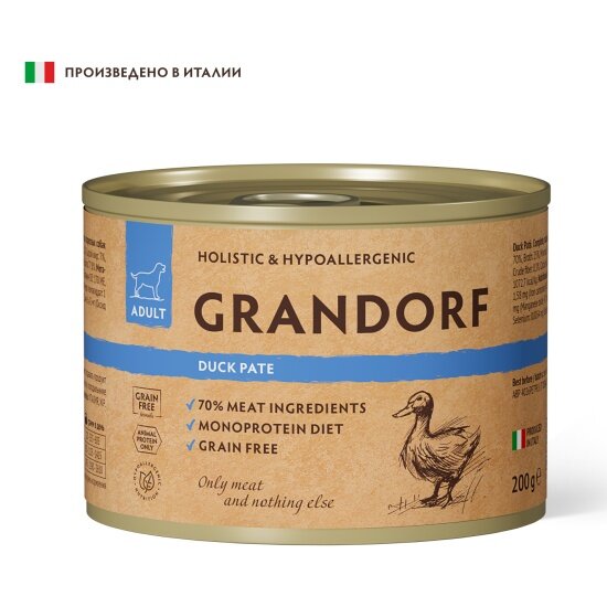Корм влажный Grandorf для собак, паштет из утки, 200 г