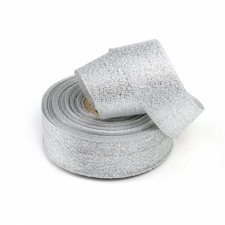 Подарочная лента Парча с145Г17 шир.24-26мм цв.01 серебро уп.25м