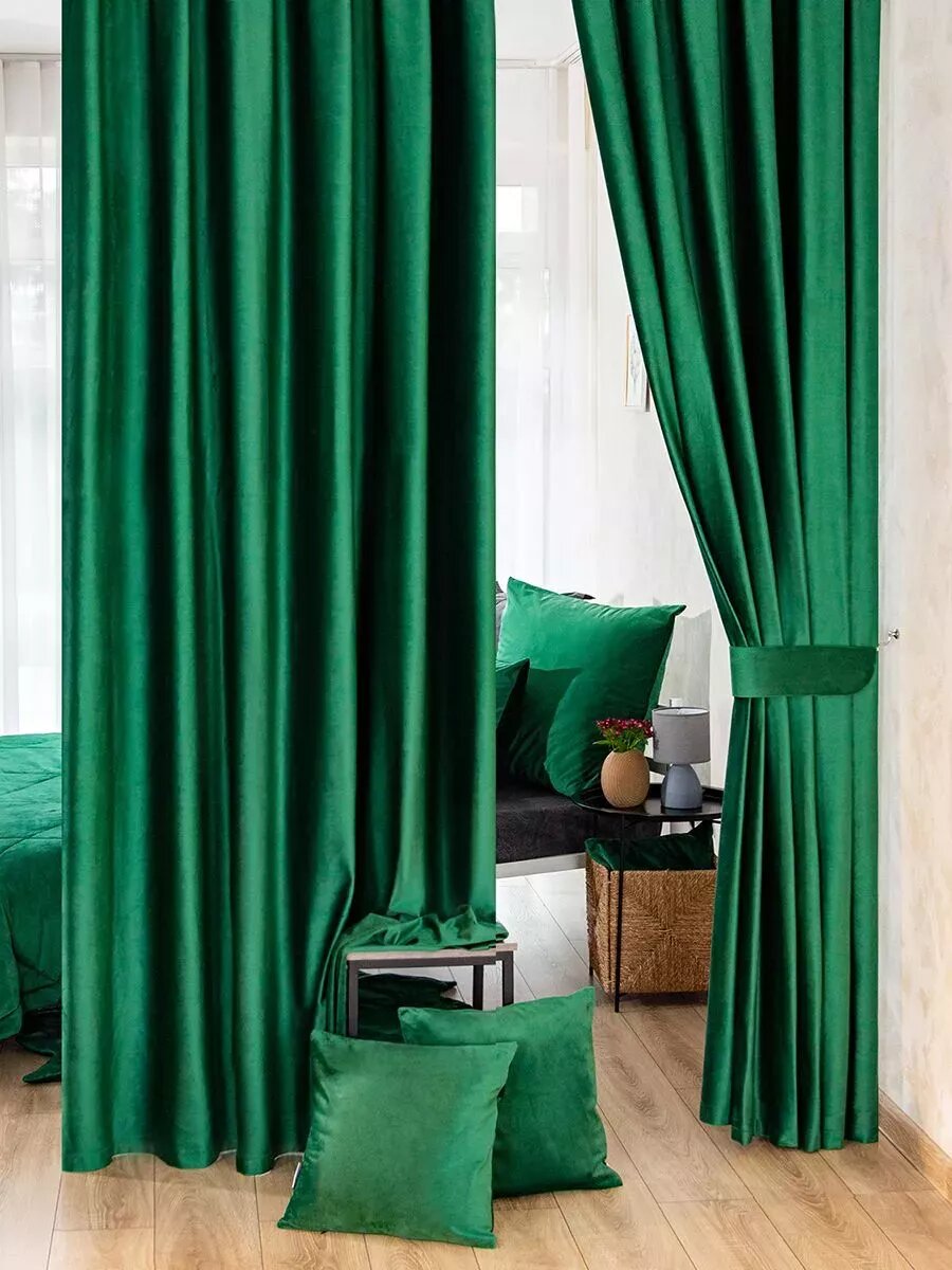 Шторы бархат антикоготь изумруд 400х240 см, 2 полотна, (каждое 200х240 см), лента 6 см, Erika Home (Evrika Home)