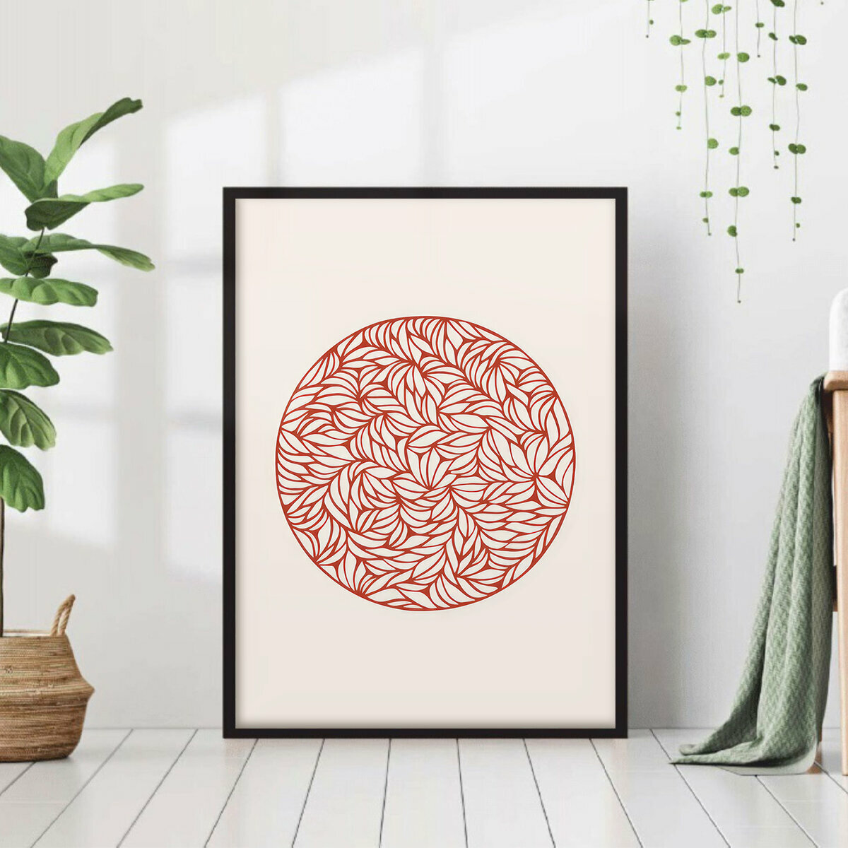 Постер "Красный узор в круге" 40x50 в черной рамке на стену для интерьера