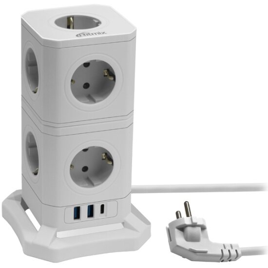 Сетевой фильтр Ritmix RM-292C 9 розеток, 2 х USB+TypeC, 2м, белый
