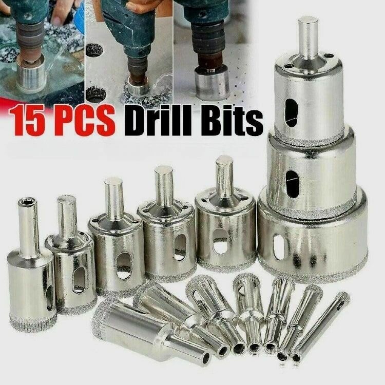 Коронки алмазные набор 15шт. для керамики, стекла, керамогранита, мрамора / 3-42мм.