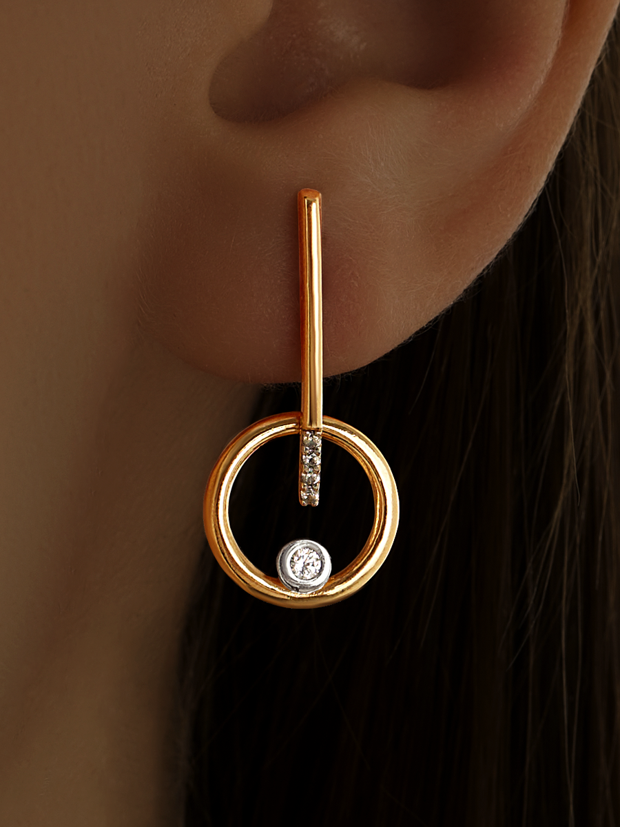 Серьги пусеты, серебро, 925 проба, золочение, фианит