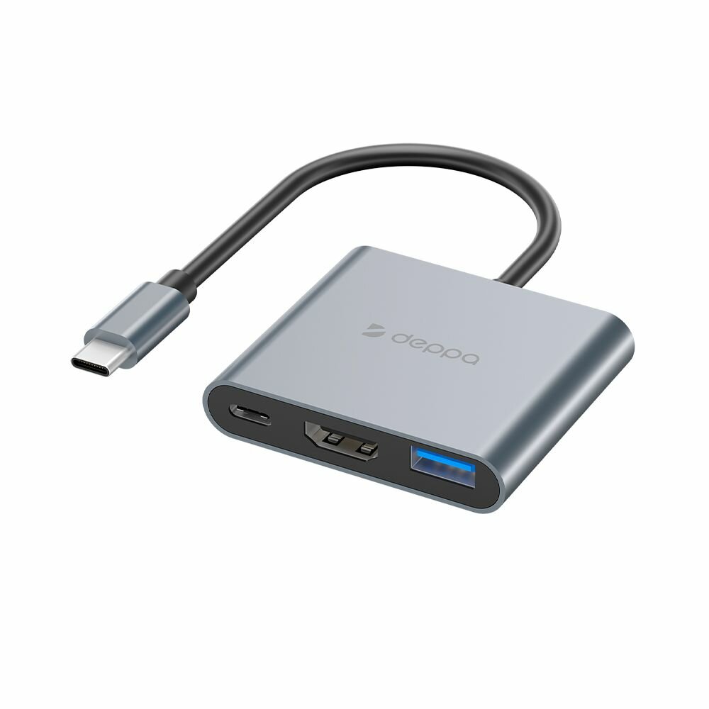 USB Type-C хаб / Разветвитель 3-в-1, Type-C Power Delivery, HDMI (4К/30Гц), USB 3.0, серый, Deppa, 73138