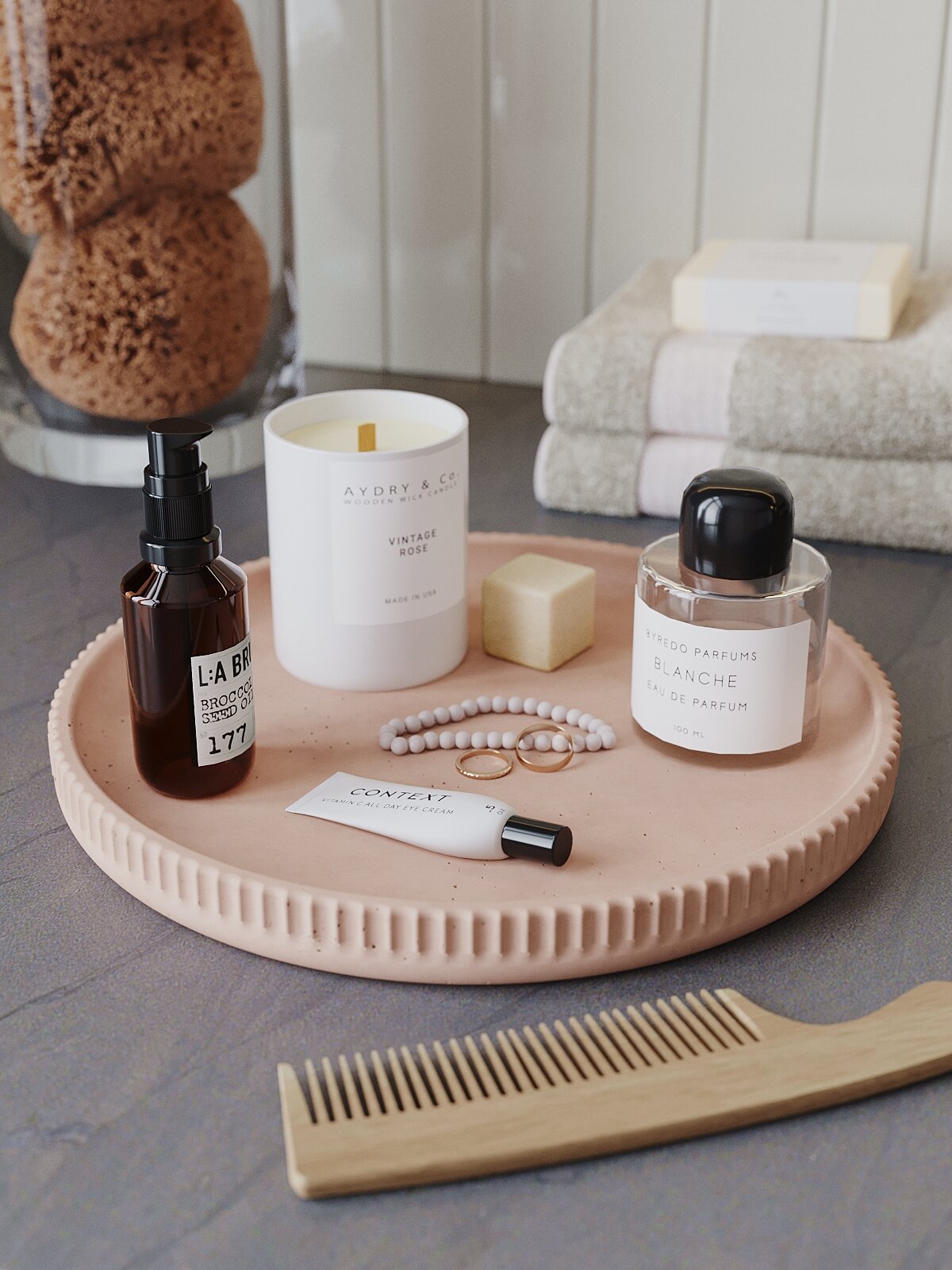 Декоративный поднос, подставка в ванную, органайзер для косметики и мелочей Chloe L, 26x26 см, бетон, розовый матовый