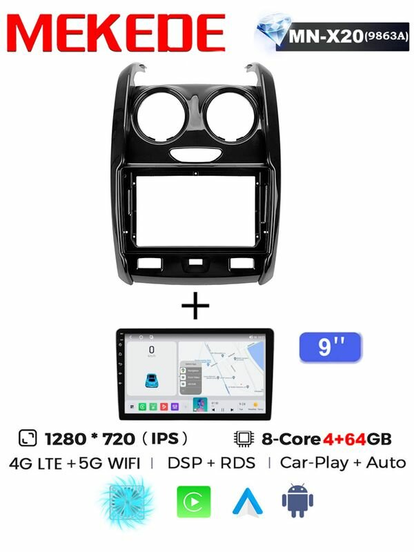 Магнитола 9" Mekede MN X20 Pro 4/64 Gb Renault Duster 2015-2021 LADA Largus 1 2021 F2 (Рестайлинг) carplay