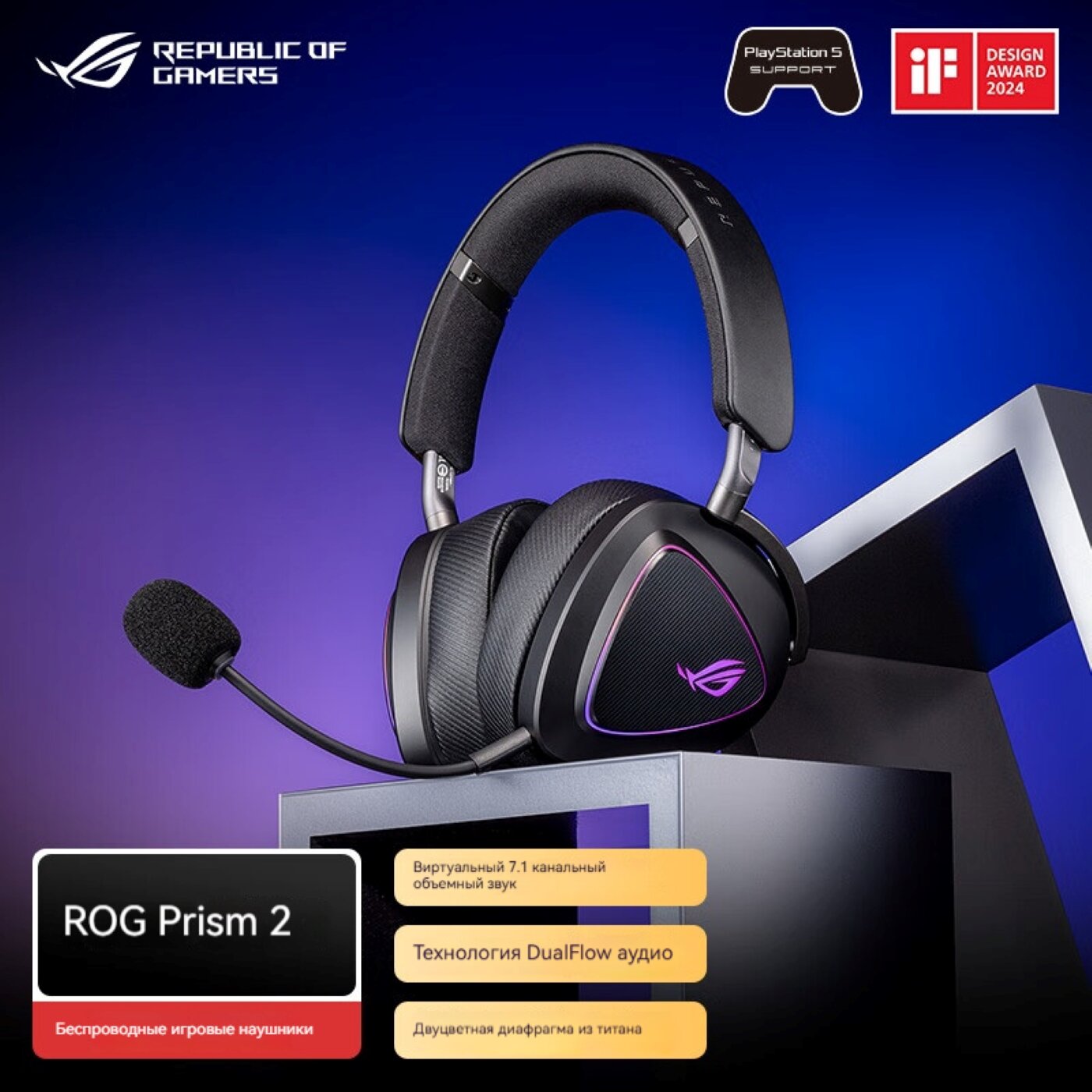 Игровая гарнитура ROG-Prism 2 headset, беспроводное трехрежимное подключение, наушники беспроводные, объемный звук 7.1