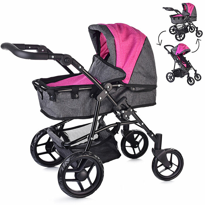 Коляска для кукол Melobo 2 в 1 металлическая, цвет серо-розовый