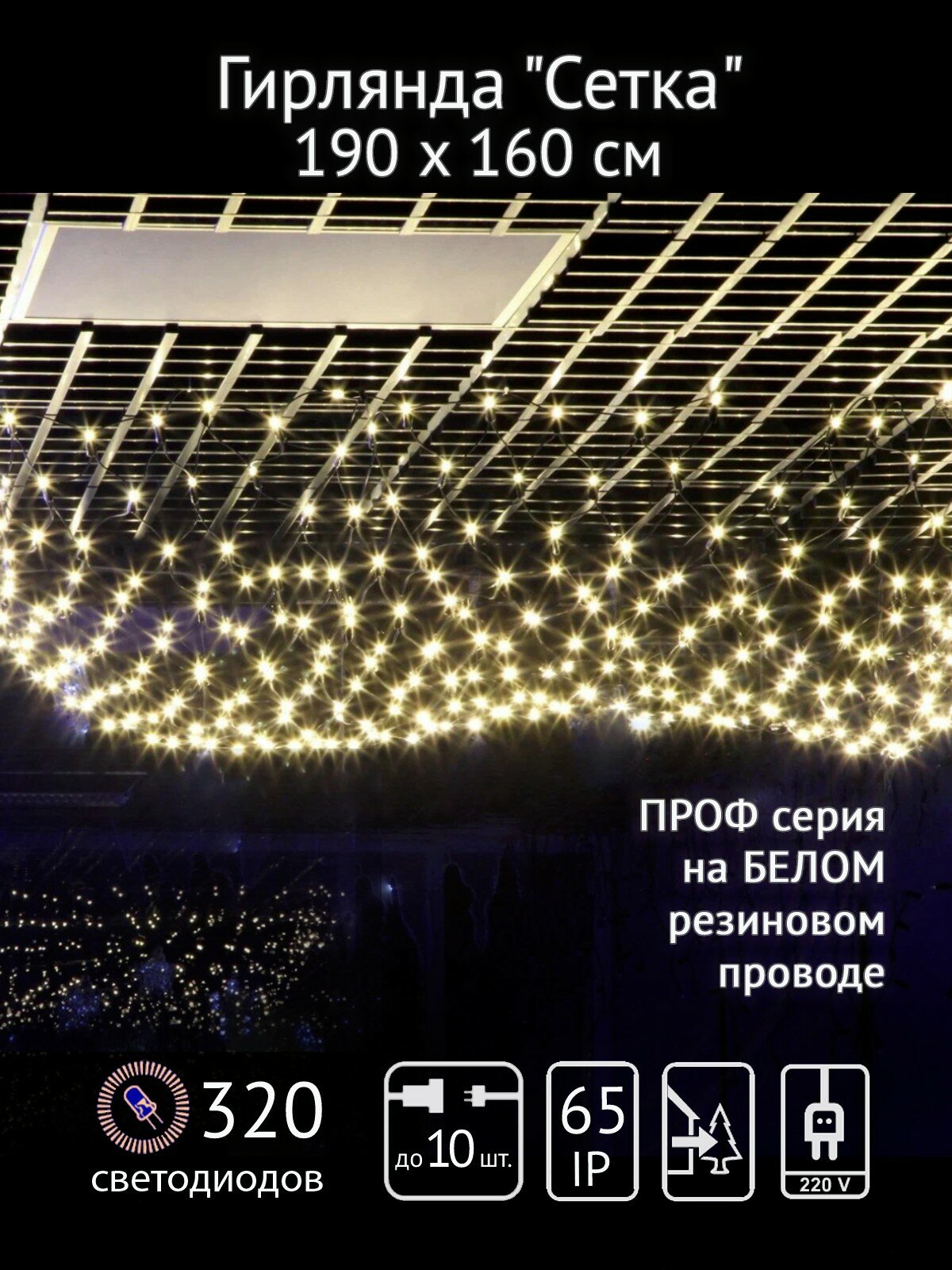 Гирлянда HiLightsDecor Сетка, 320 LED, уличная, черный провод, соединяемая, теплый белый (RB-NTLD320-WW-E-P)