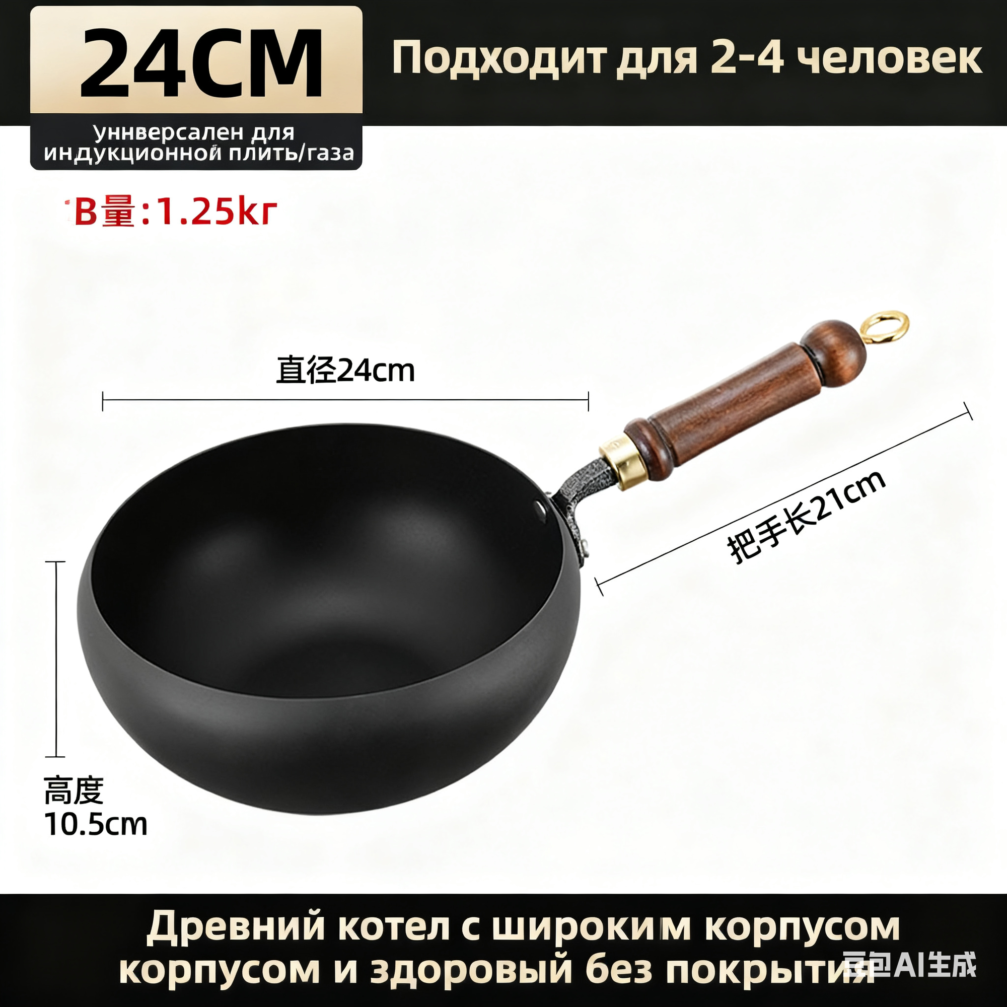 Чугунная сковорода Wok "Большой живот" 24см антипригарная без покрытия, глубокая жарка с защитой от брызг