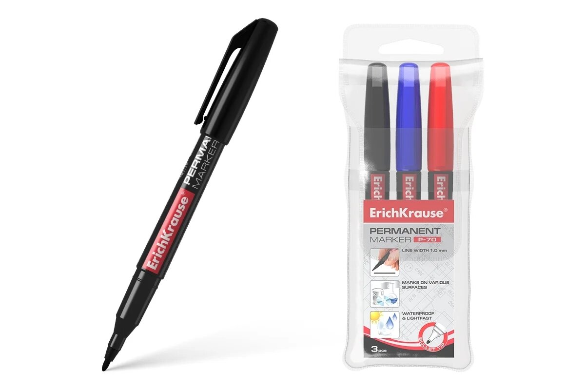 ErichKrause P-70 набор из 3 перманентных маркеров цвет чернил черный синий красный 37077