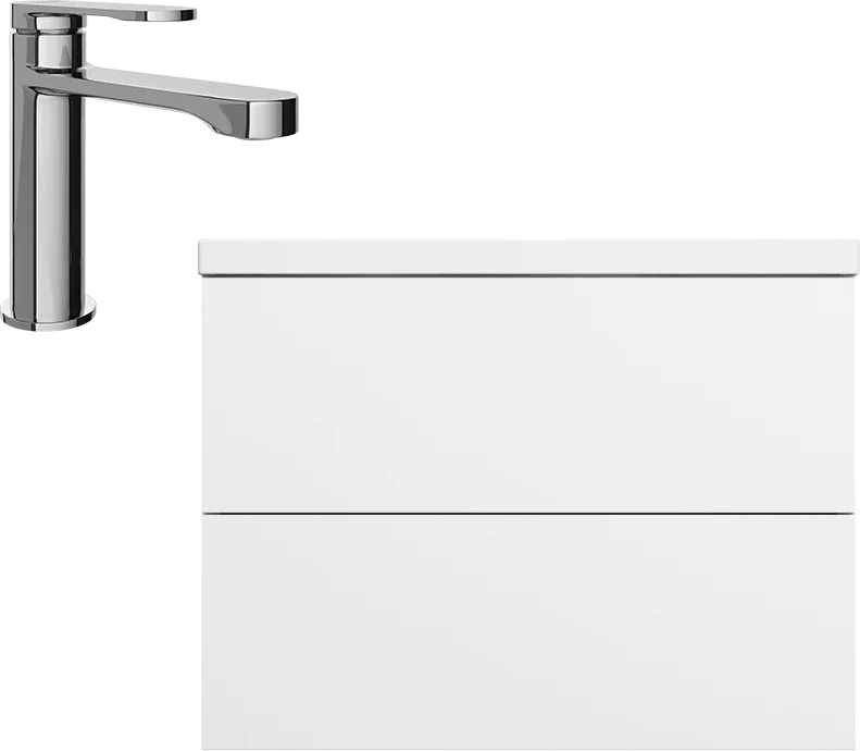 Тумба с раковиной Am.Pm Gem 75 с 2 ящиками, подвесная, смеситель STWORKI Ноттвиль S34010CR, белый глянец