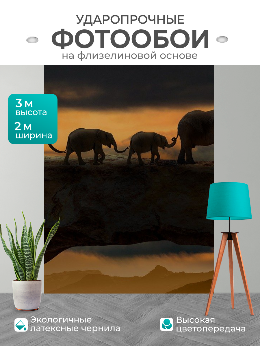 Фотообои моющиеся ударопрочные "Слоны, животные, мост" 200x300 см. флизелиновые на стену