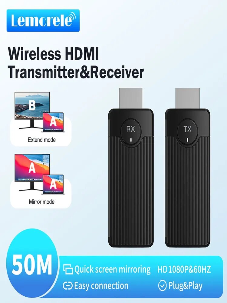 Беспроводной HDMI-передатчик и приёмник Lemorele Q50, HDMI 1080P 50 м, для трансляции аудио и видео с ноутбука/ПК/камеры на HD-телевизор/проектор/монитор